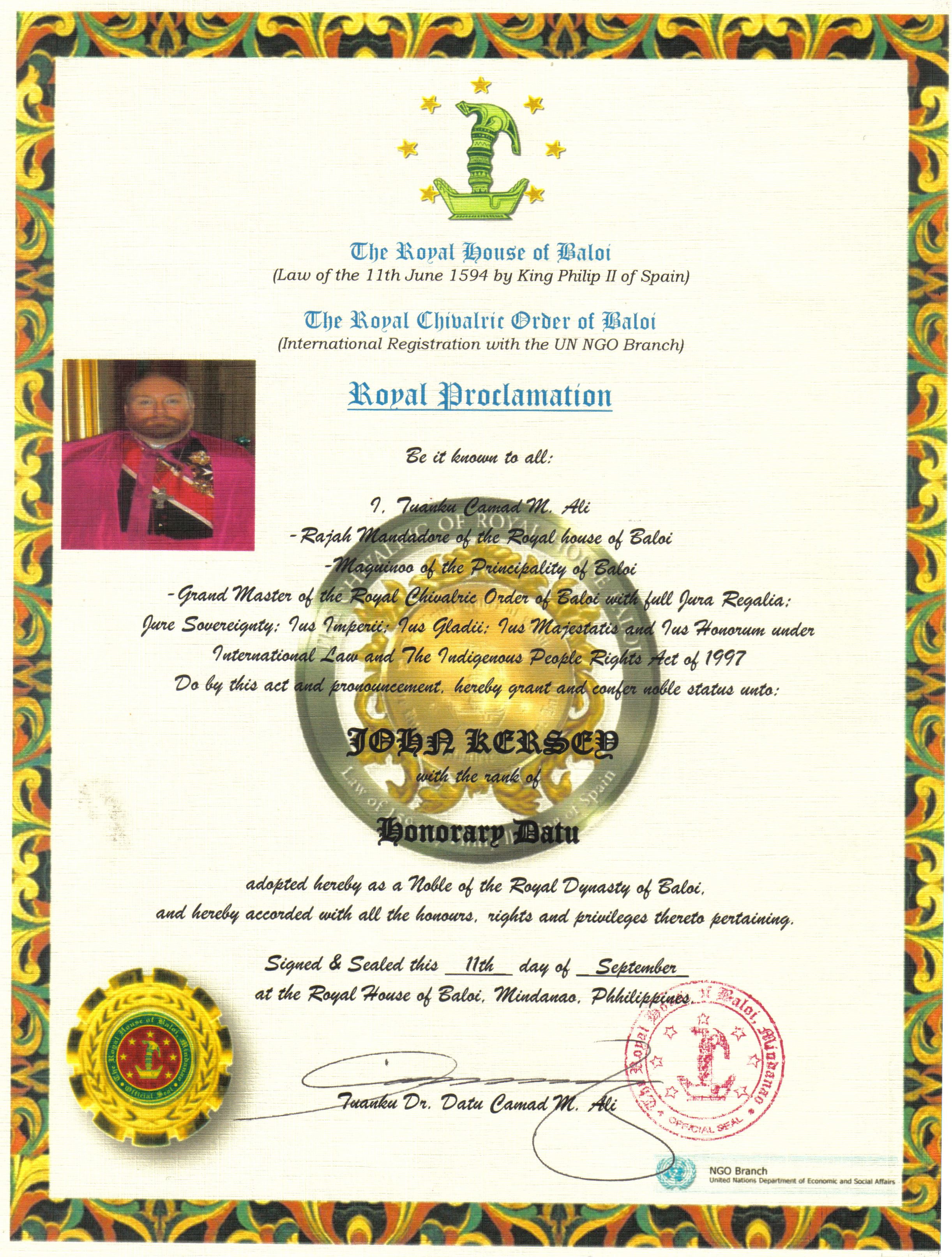 Honours and awards: Honorary Datu from the Sultan of Baloi, Philippines ...