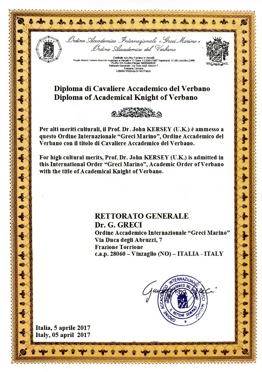 Honours and awards: Academical Knight of Verbano of the Ordine ...