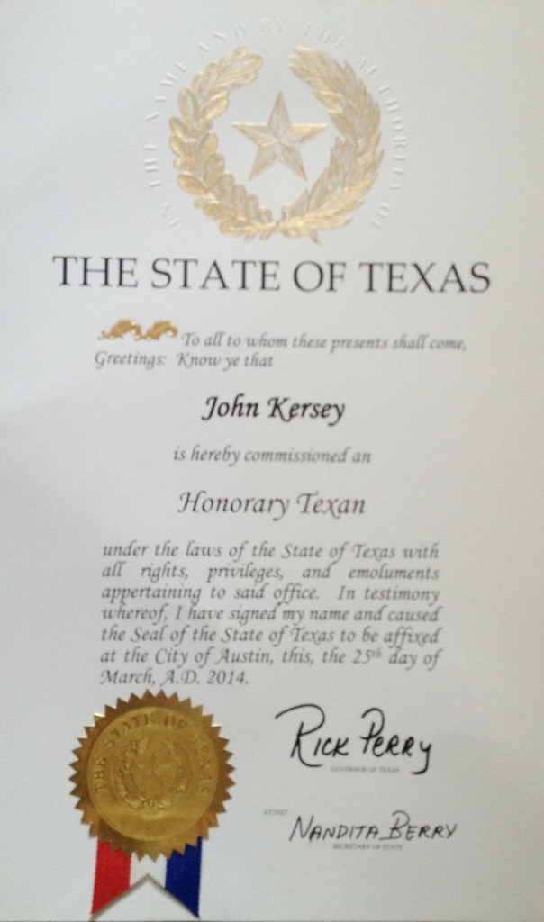 Honours and awards: Honorary Texan – Professor John Kersey