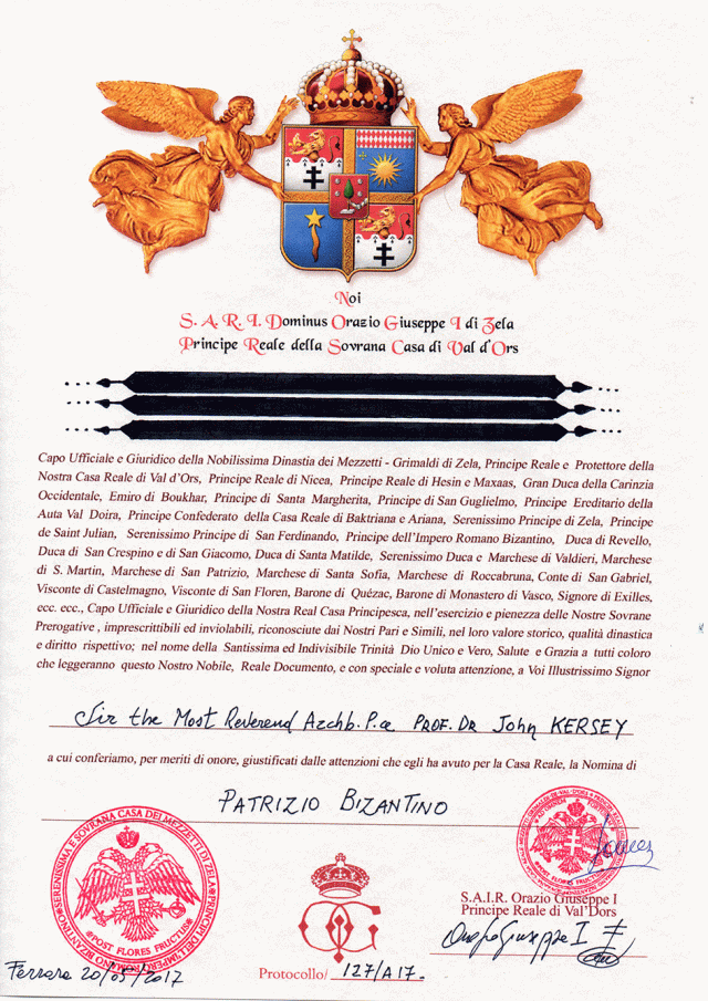 Honours and awards: Byzantine Patrician from the Sovereign House of ...