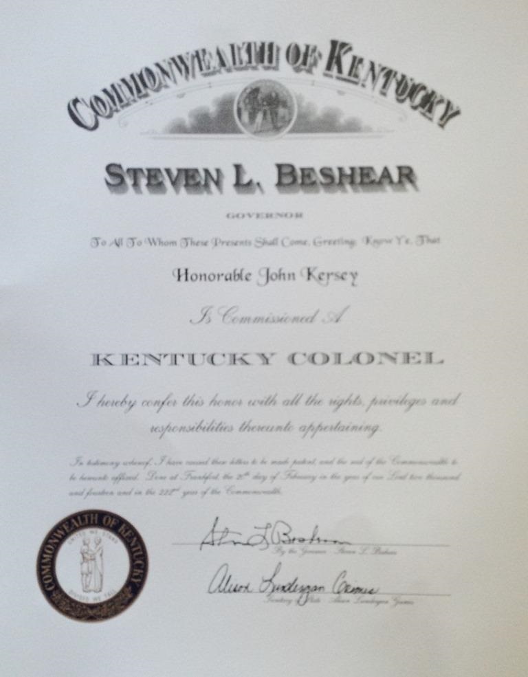 Honours and awards: Kentucky Colonel – Professor John Kersey