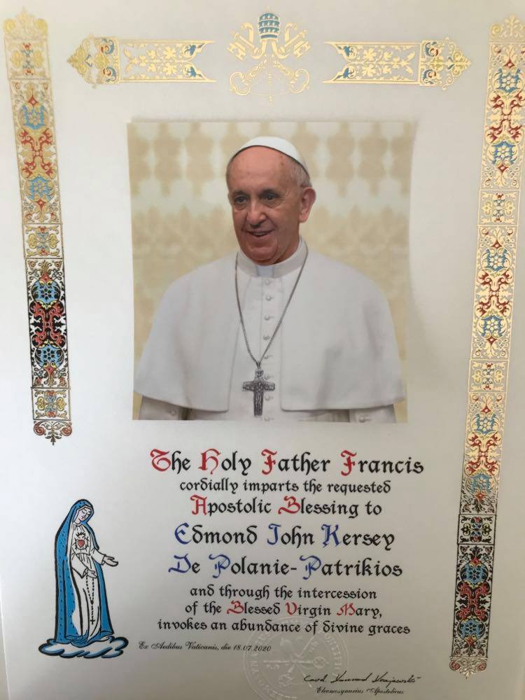 Apostolic Blessing from Pope Francis – Professor John Kersey