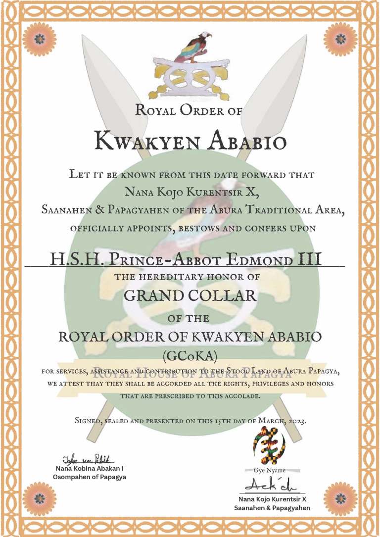 Honours and awards: Hereditary Grand Collar of the Royal Order of ...