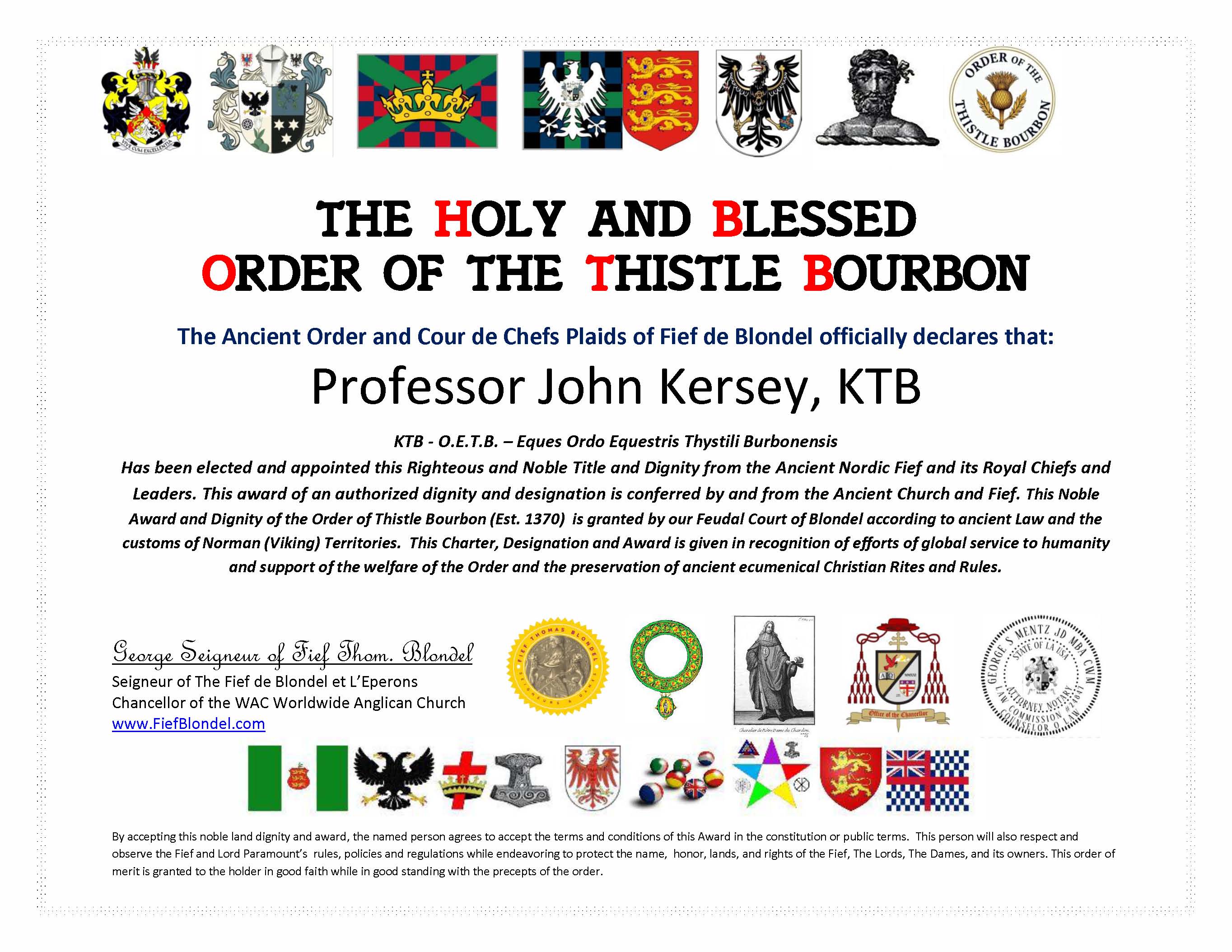 Honours and awards – Awards of the Fief Blondel, Guernsey, – Professor ...