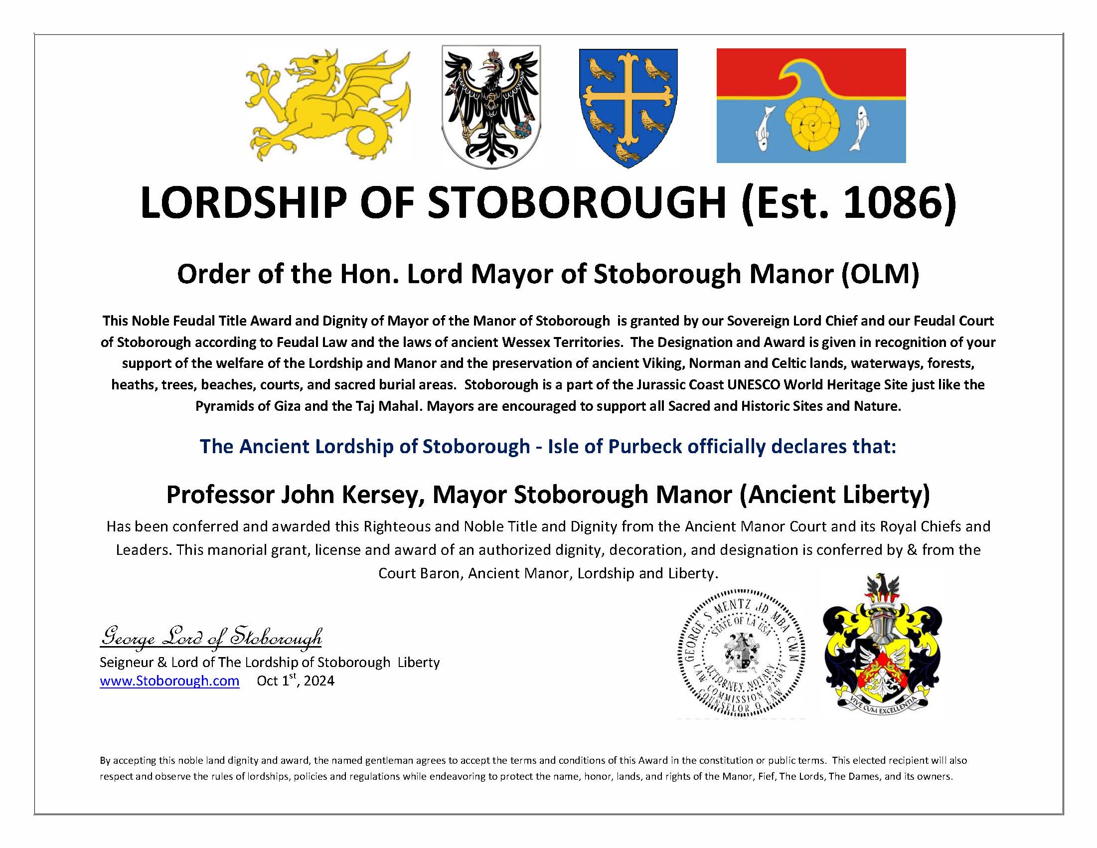 Honours and awards – Mayor of Stoborough Manor – Professor John Kersey