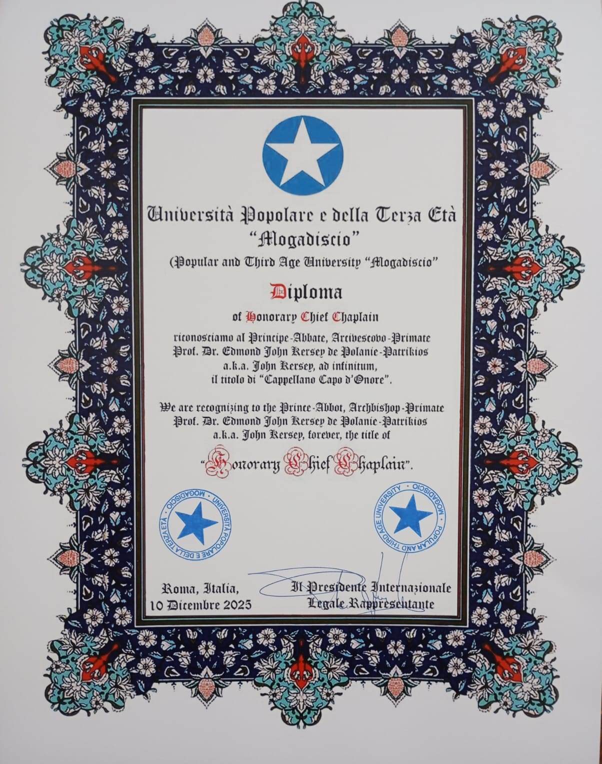 Honours and awards: Università Popolare e della Terza Età “Mogadiscio ...